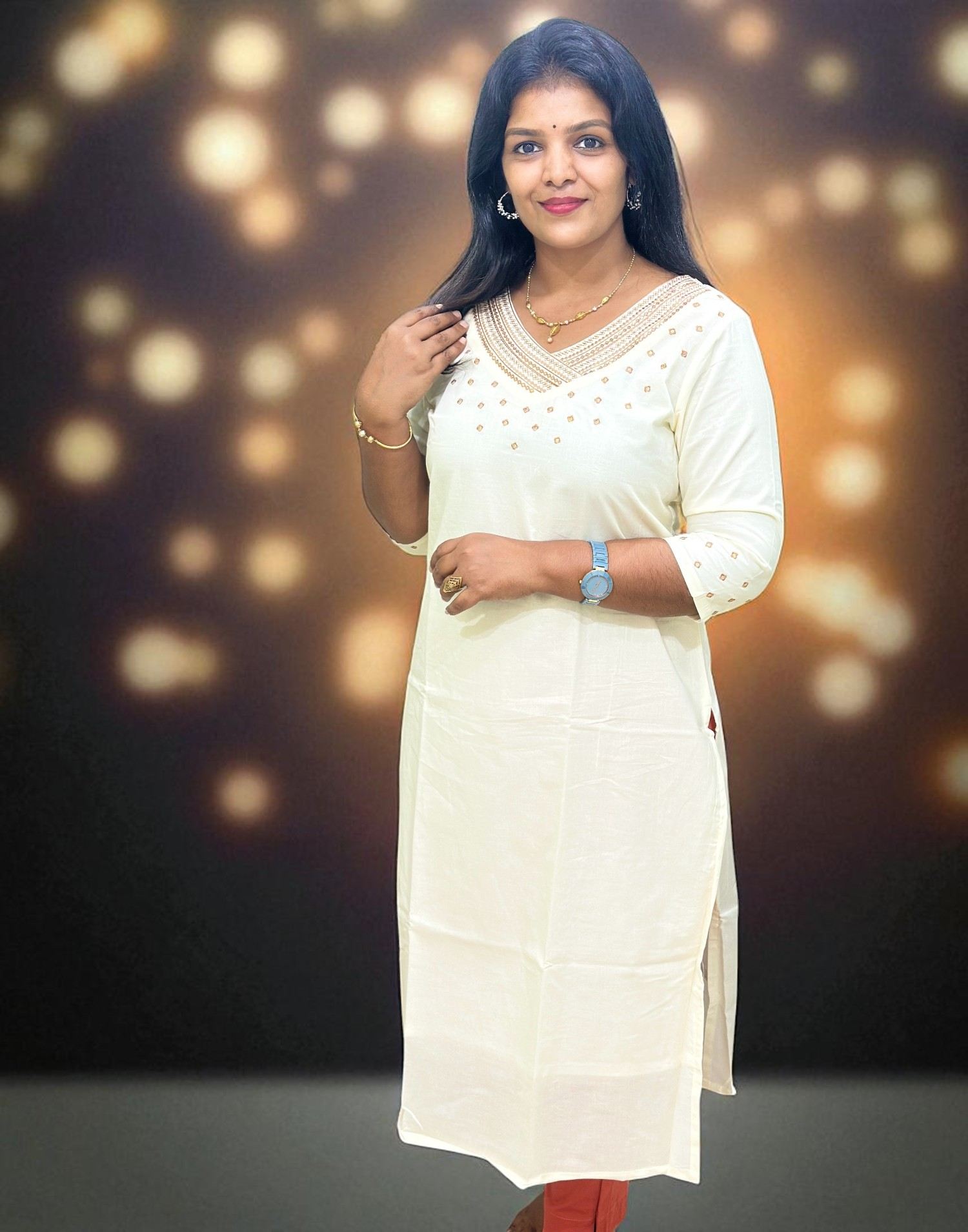 010825 (E6265) ONAM SPECIAL KURTI - Cream Gold – ELENTRA DESIGNS BY NIMI HEINS