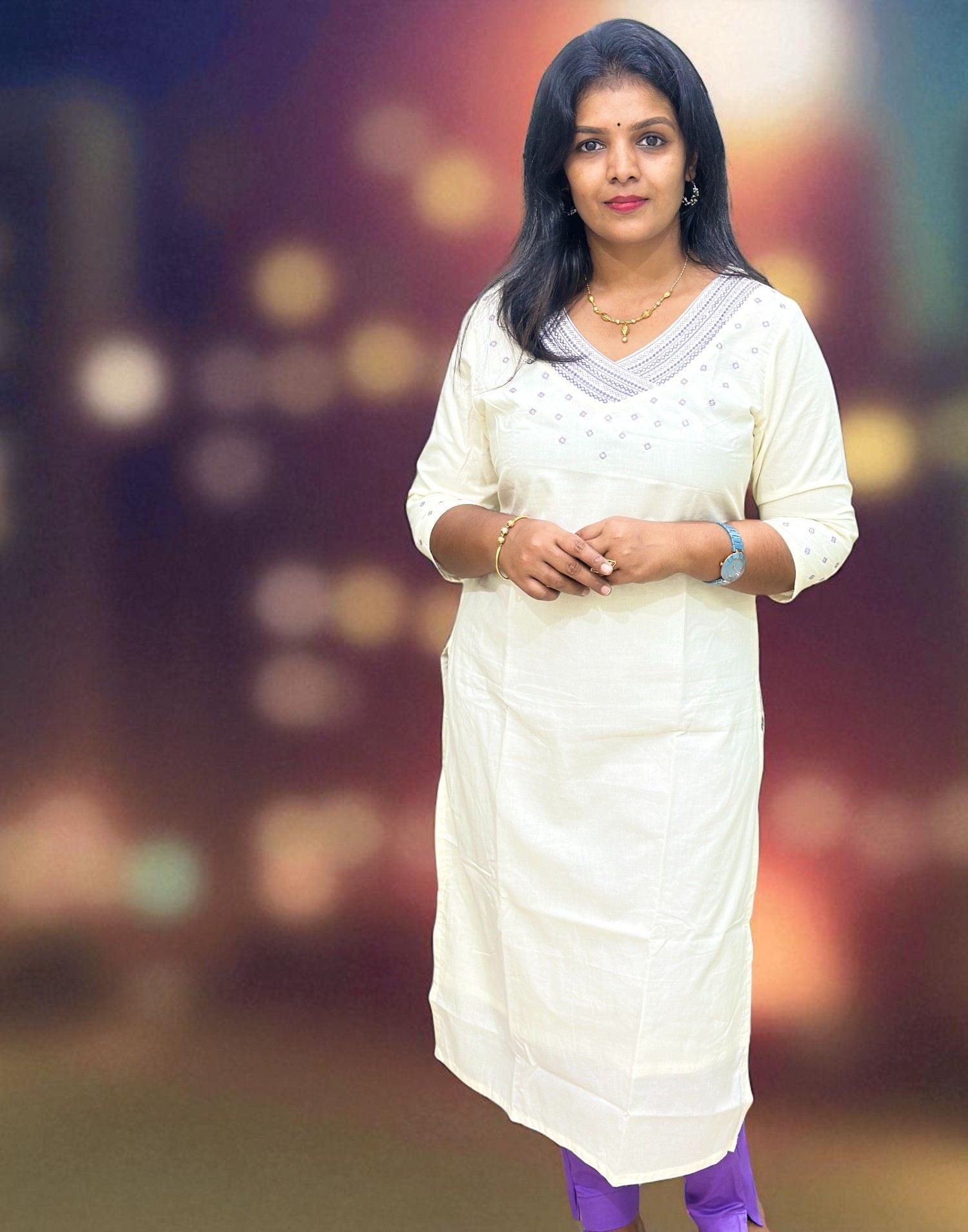 010825 (E6265) ONAM SPECIAL KURTI - Cream Lavender – ELENTRA DESIGNS BY NIMI HEINS