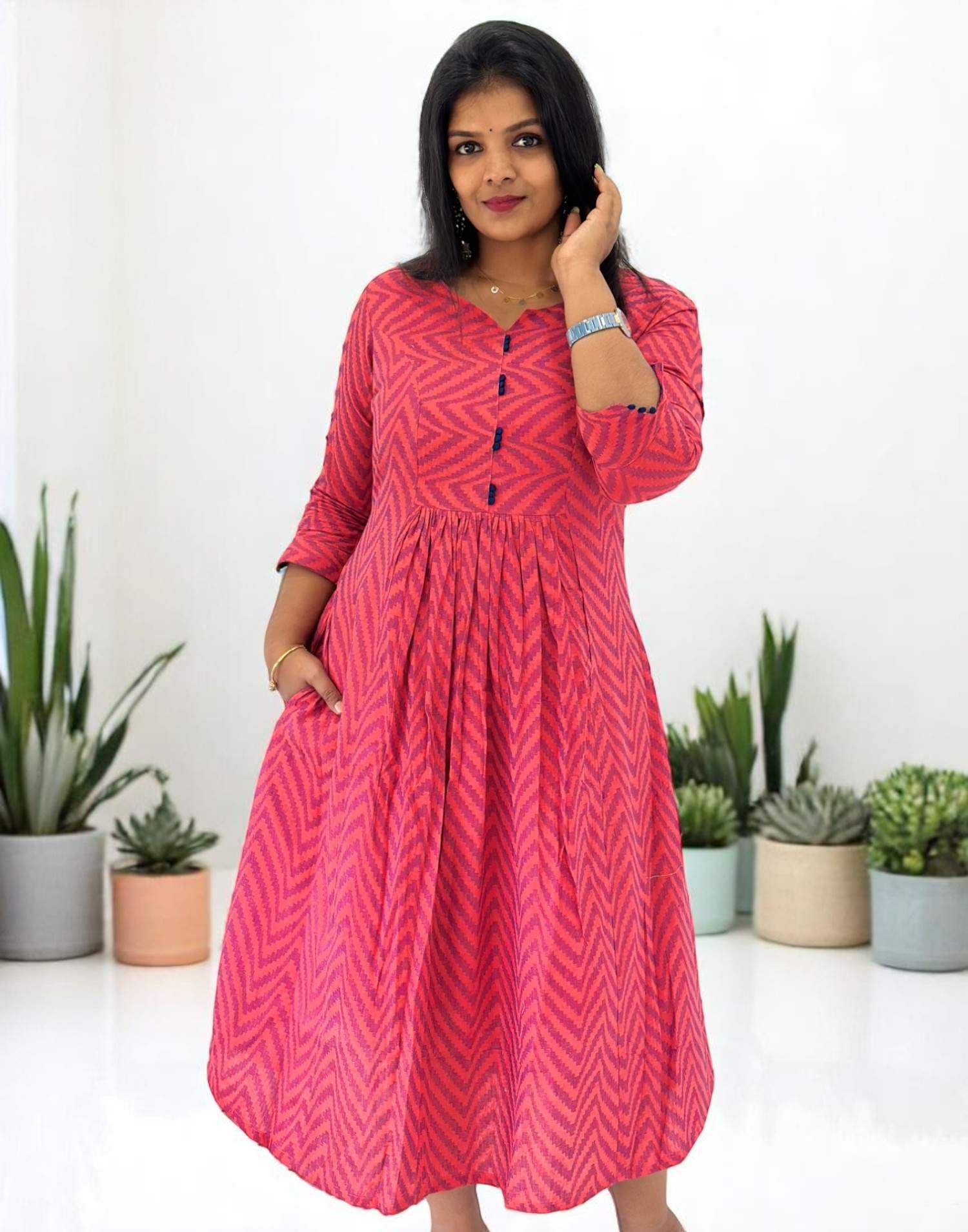 290525S (E6118) A-LINE KURTI - Pinkish Orange n Blue – ELENTRA DESIGNS ...