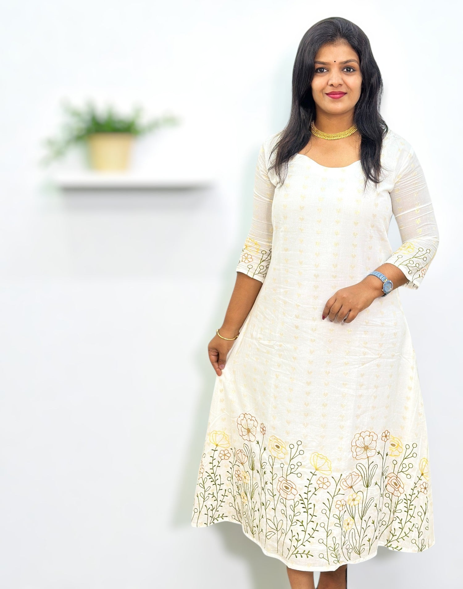 230825EK (E6389) ONAM SPECIAL EMBROIDERY A-LINE KURTI - Yellow ...